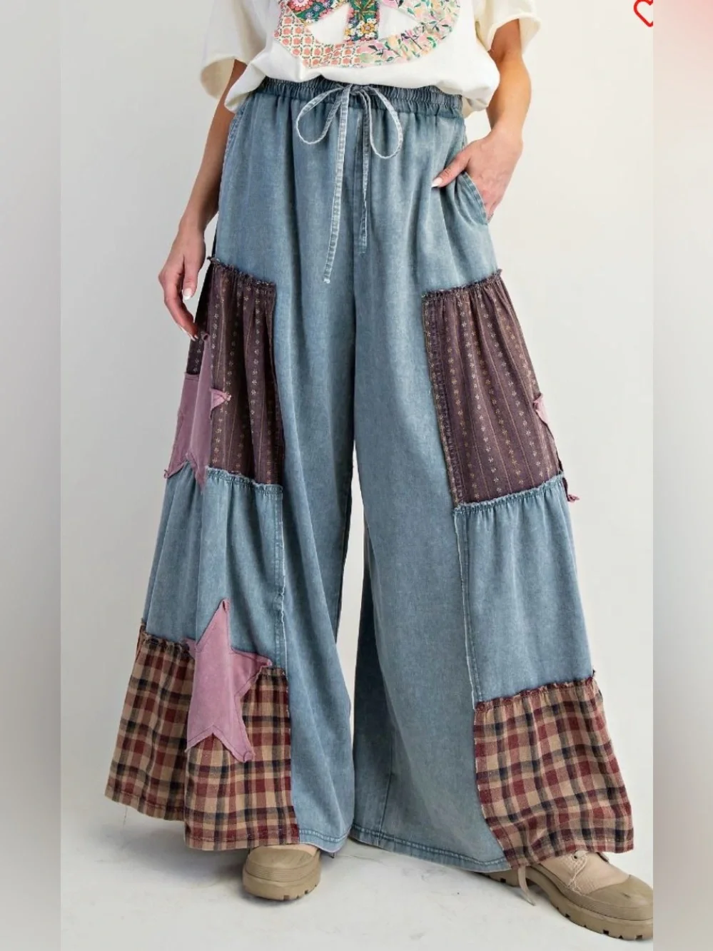 easel | Pants & Jumpsuits | Easel Boho Patchwork Mineral Washed ...